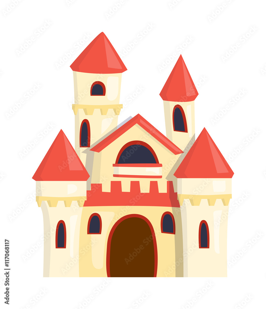 Cartoon fairy tale castle tower icon. Cute cartoon castle architecture ...