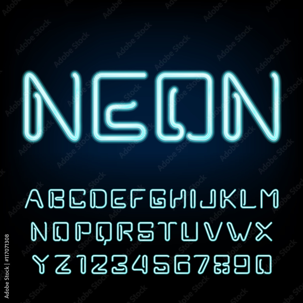 Neon tube alphabet font. Futuristic type letters and numbers on a dark ...