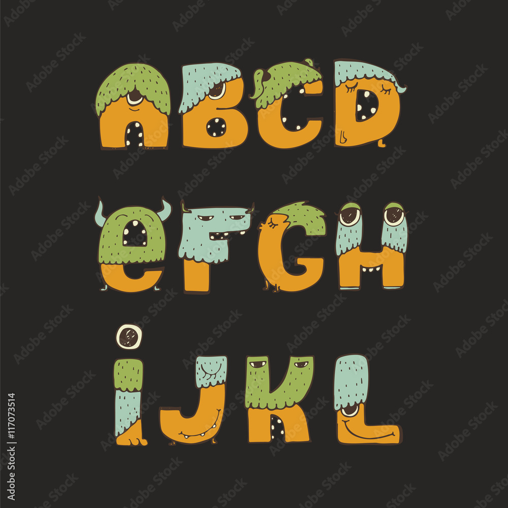 Vector cute kind monster font. Yellow, blue, green. Every letter has ...