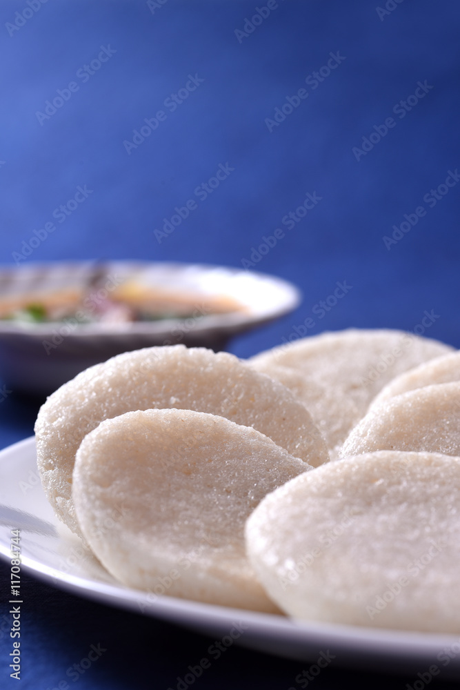 Idli with Sambar and coconut chutney on blue background, Indian Dish ...