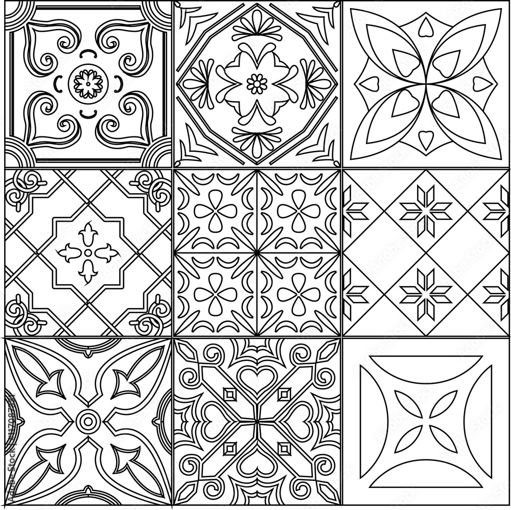 Set of nine black and white tiles. Stock Vector | Adobe Stock