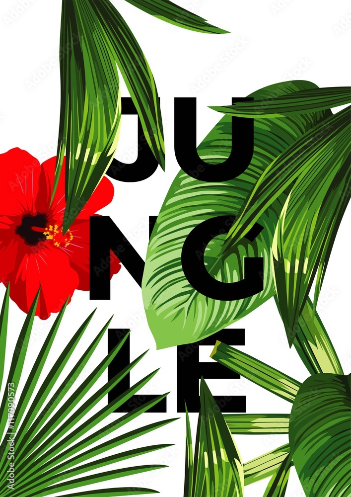 Tropical set exotic palm leaves and flower hibiscus flyer design ...
