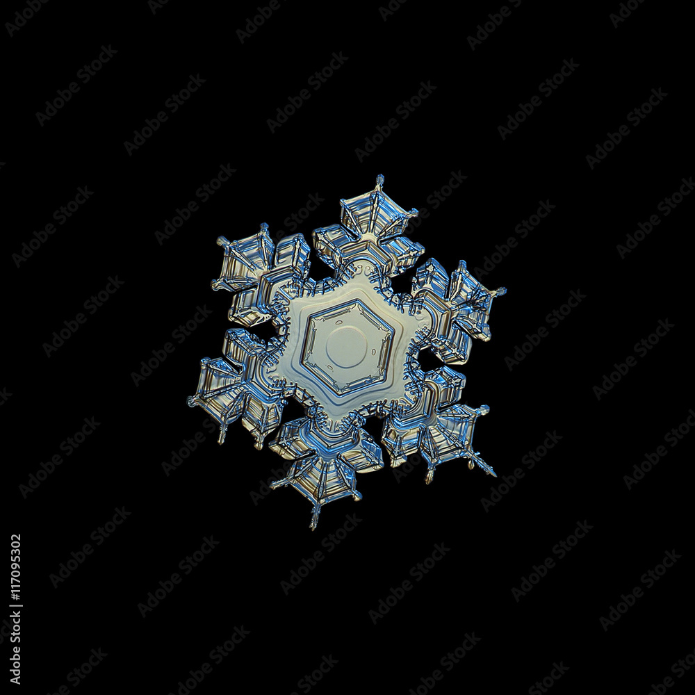 Snowflake isolated on black background. This is macro photo of real ...