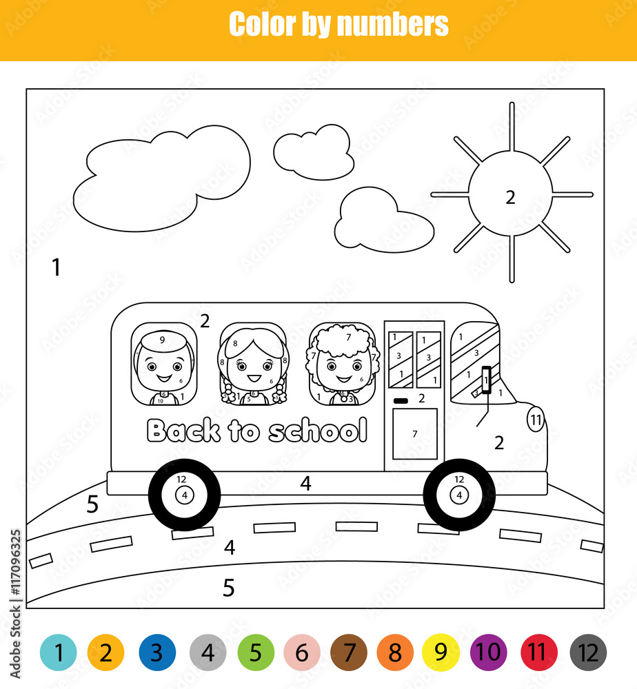 Coloring Page With Kids In School Bus Color By Numbers Children coloring-page-with-kids-in-school-bus-color-by-numbers-children