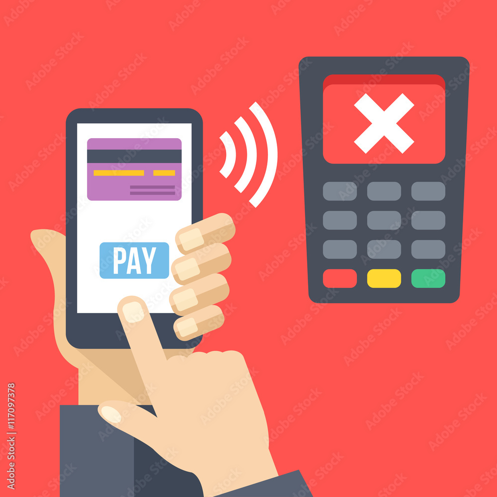 Declined mobile payment, rejected transaction. Hand holding smartphone ...