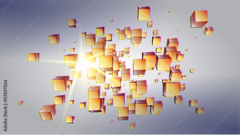 Vector illustration of the scattered in perspective cubes over shining ...