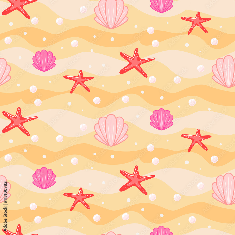 Sandbed cartoon seamless vector pattern. Pink shells, pearls and red ...