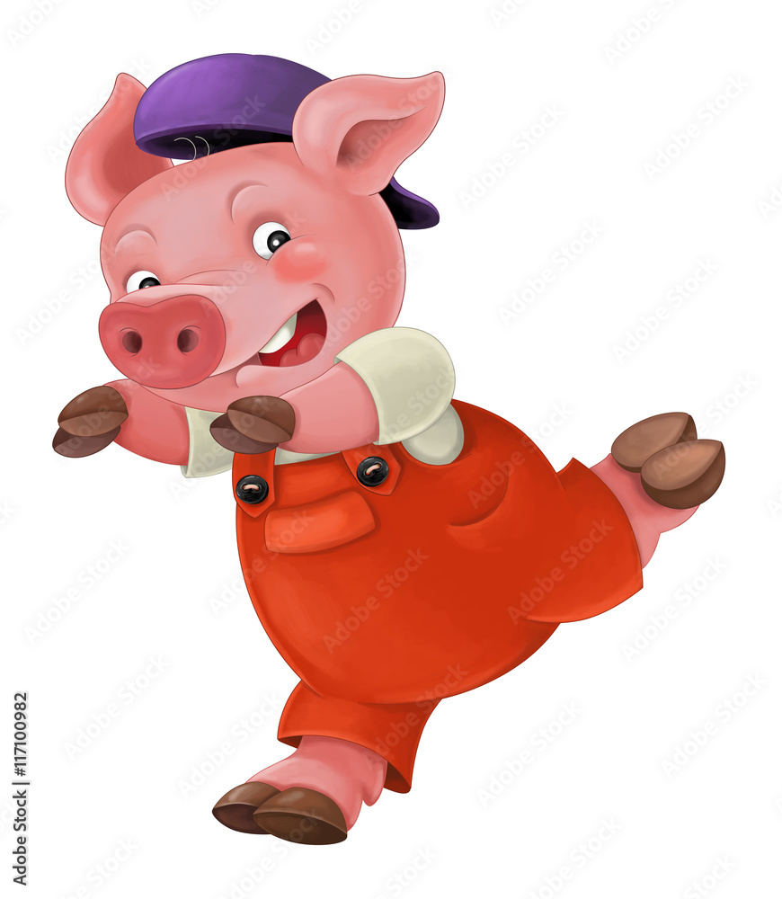 Cartoon isolated young pig in work outfit - running away - isolated ...