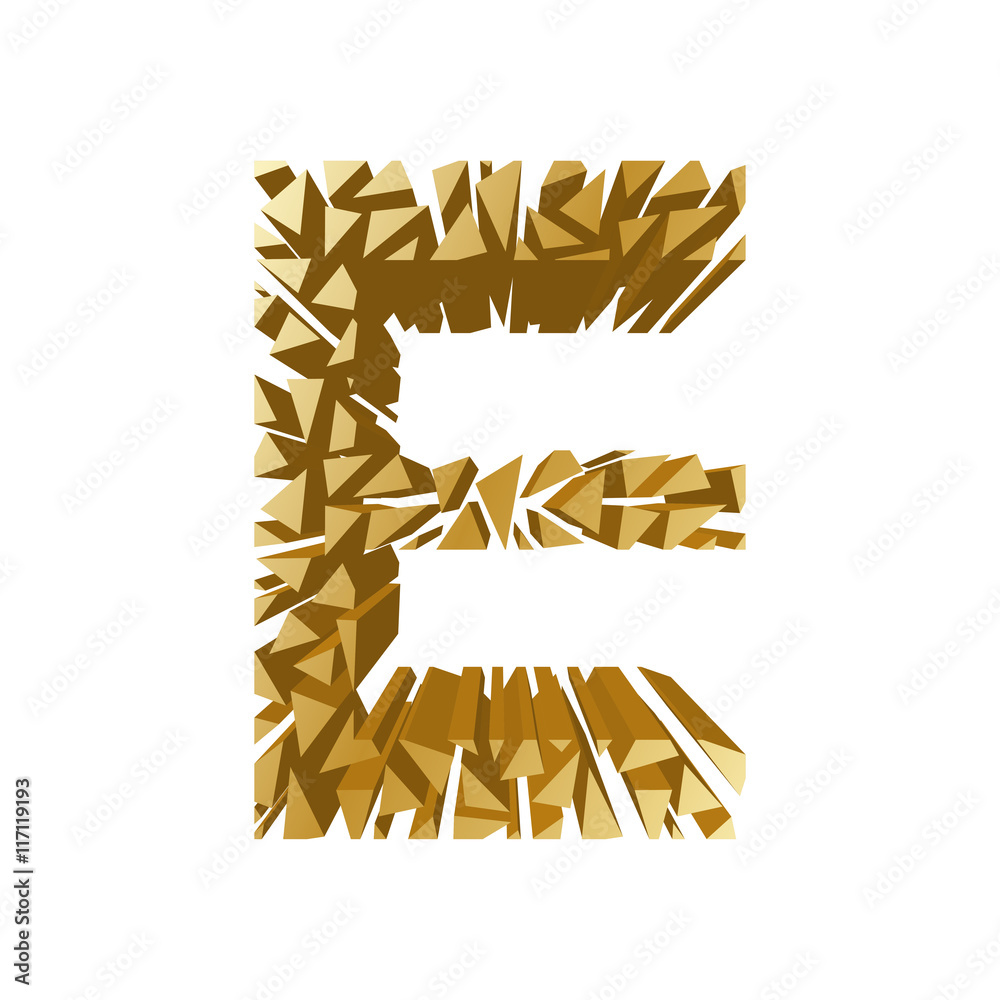 The letter E, in the alphabet broken 3d perspective set gold color ...