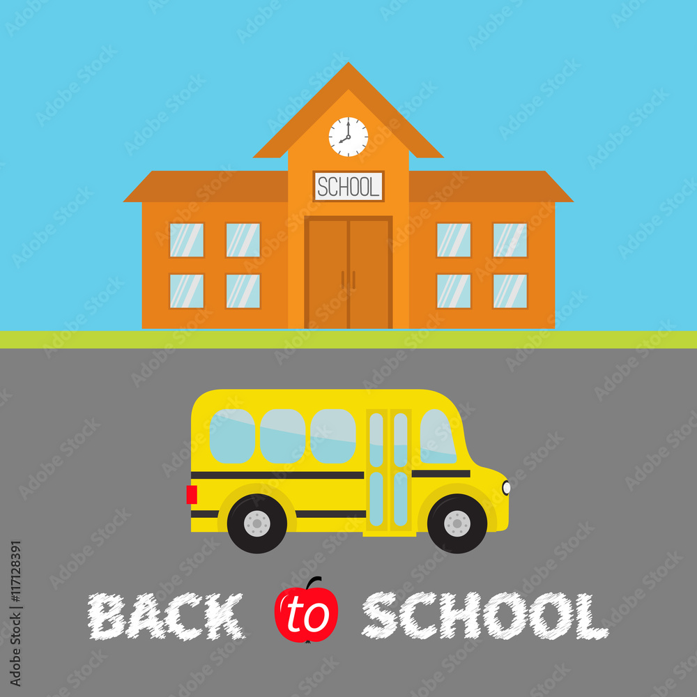 Back to school banner set. School building with clock and windows. City ...