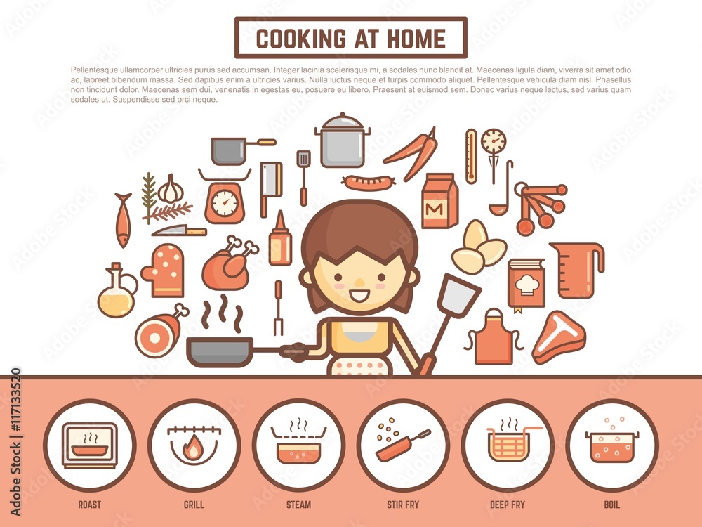 home cooking banner background cute outline cartoon character Stock ...