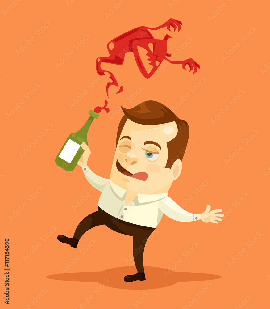 Drunk man character attacked by demon. Vector flat cartoon illustration ...