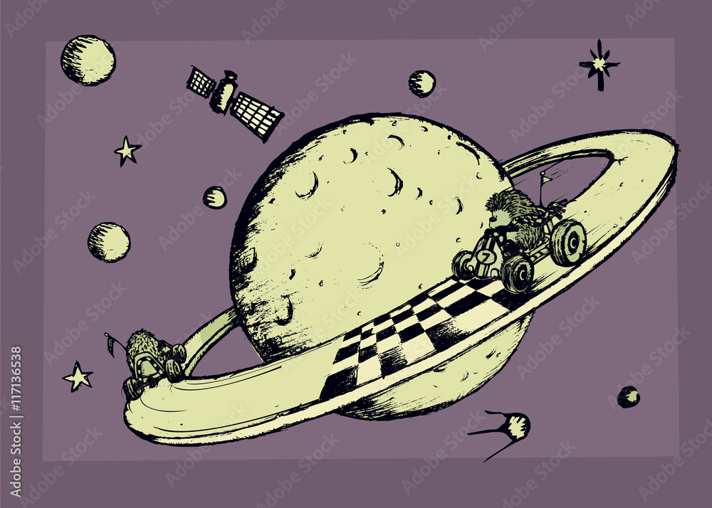 Race in space.Two hedgehogs racing around imaginary planet. Stock ...