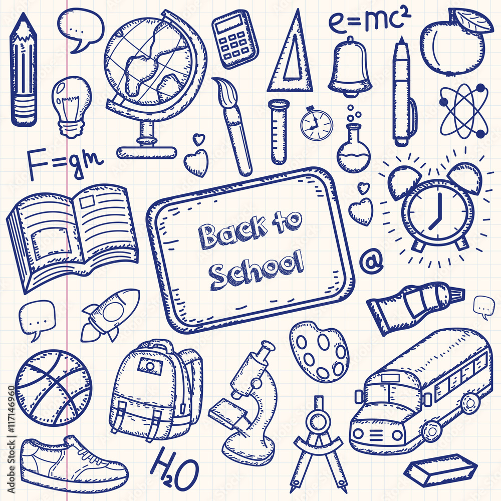 Back to School doodle set. Hand draw school items on a sheet of ...