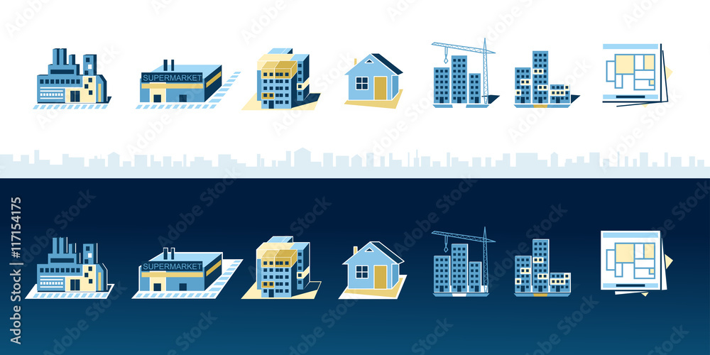 Colorful building icon set. Vector illustration of various types of ...