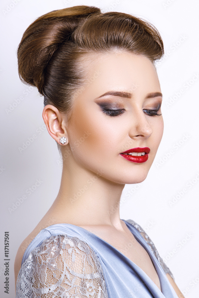 Fashion woman portrait. young model wearing silver evening dress ...