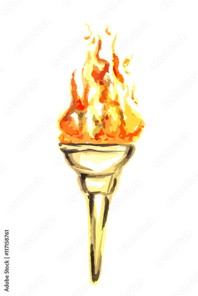 Gold torch with Olympic fire isolated on white. watercolor illustration ...