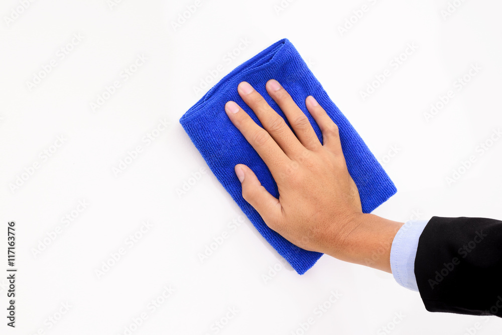 Hand holding blue cleaning rag isolated on white background. Stock ...