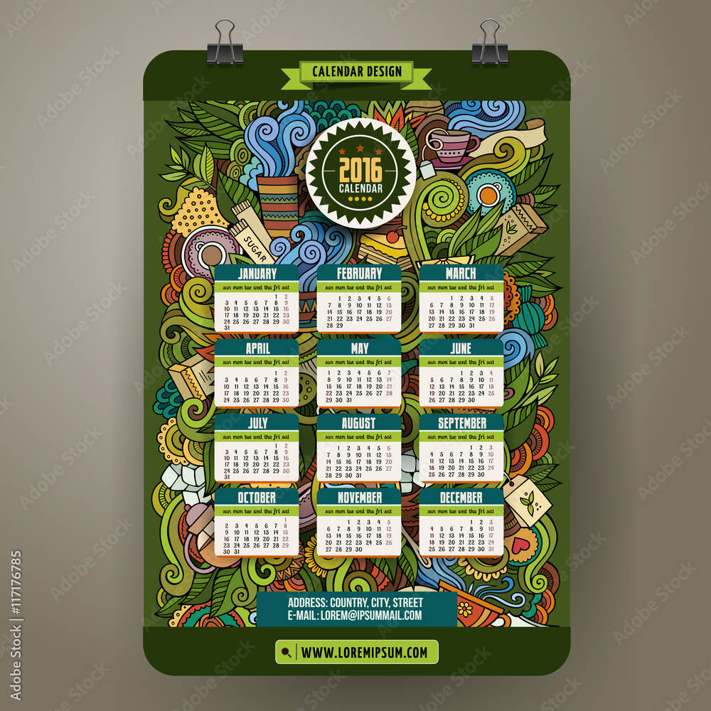 Doodles hand drawn colorful cartoon tea time Calendar 2016 year Stock ...