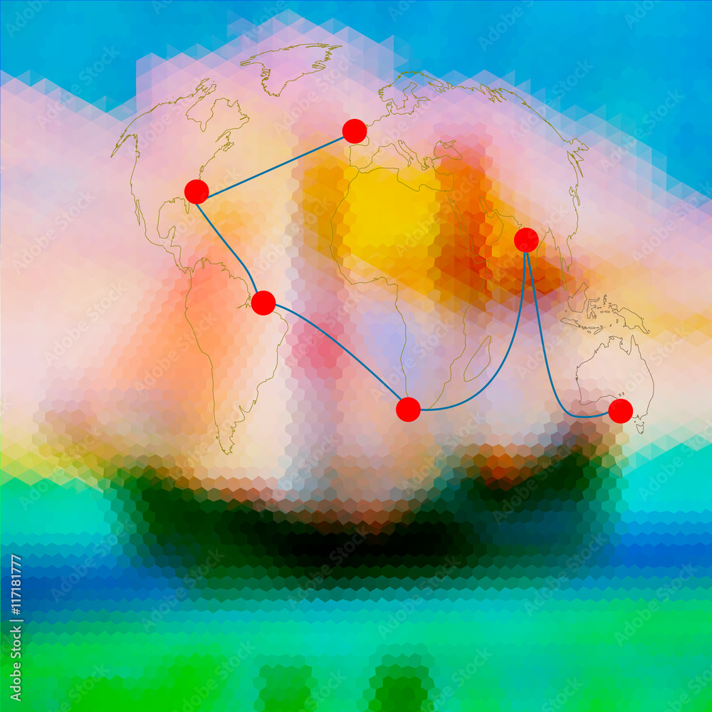 Hexagonal background with old sailboat, world map and marked route ...