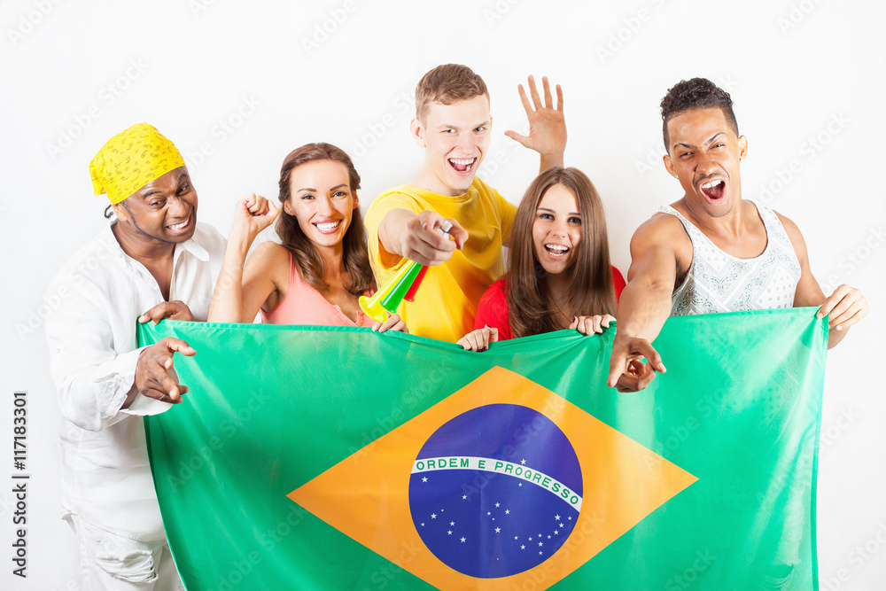 Group of multiracial people holding a Brazil flag Stock Photo | Adobe Stock