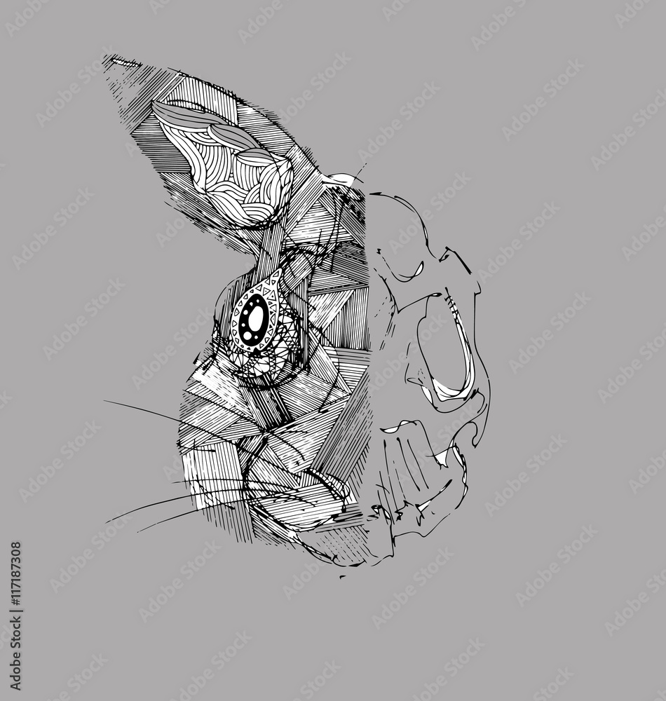 the half rabbit animal with wool and half only skeleton hand drawn ...