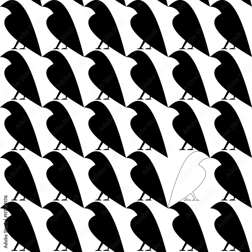 Seamless pattern with white crow among black crows. Dissimilar concept ...