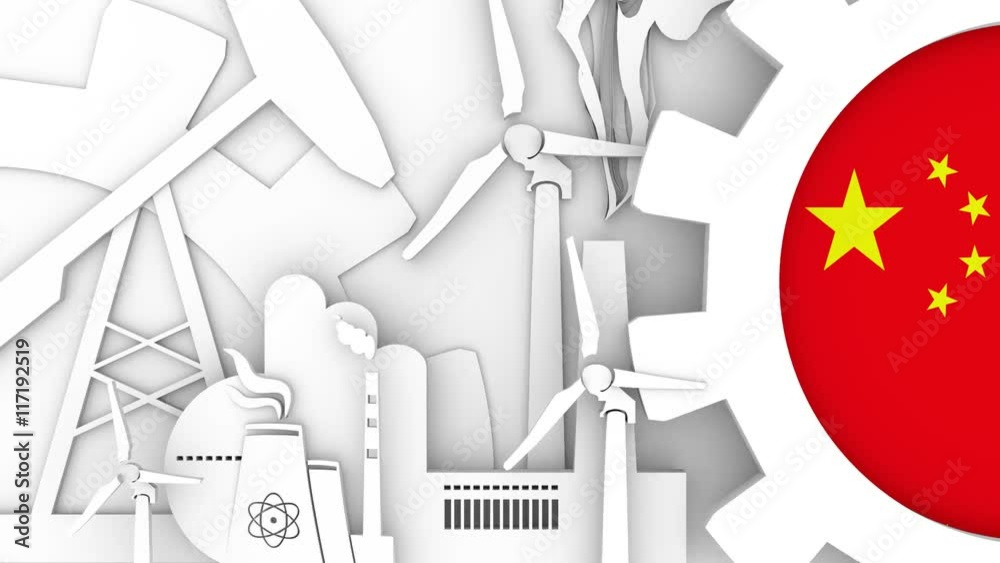 Energy and Power icons set. China flag in turning gear. Sustainable ...
