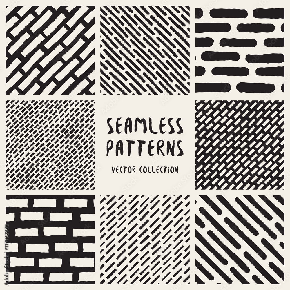 Set of Eight Vector Seamless Black and White Hand Drawn Jumble Lines ...