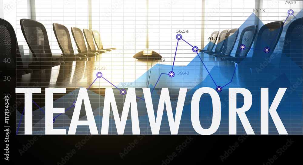 .TEAMWORK word with business financial graph chart on modern con Stock ...
