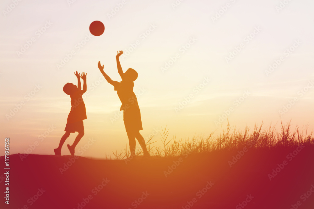 children playing ball on meadow, sunset, summertime Stock Photo | Adobe ...