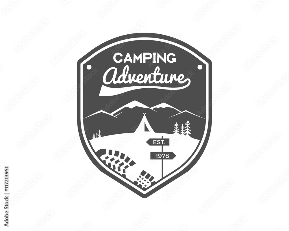 Camping Adventures Label. Vintage Mountain winter or summer camp ...