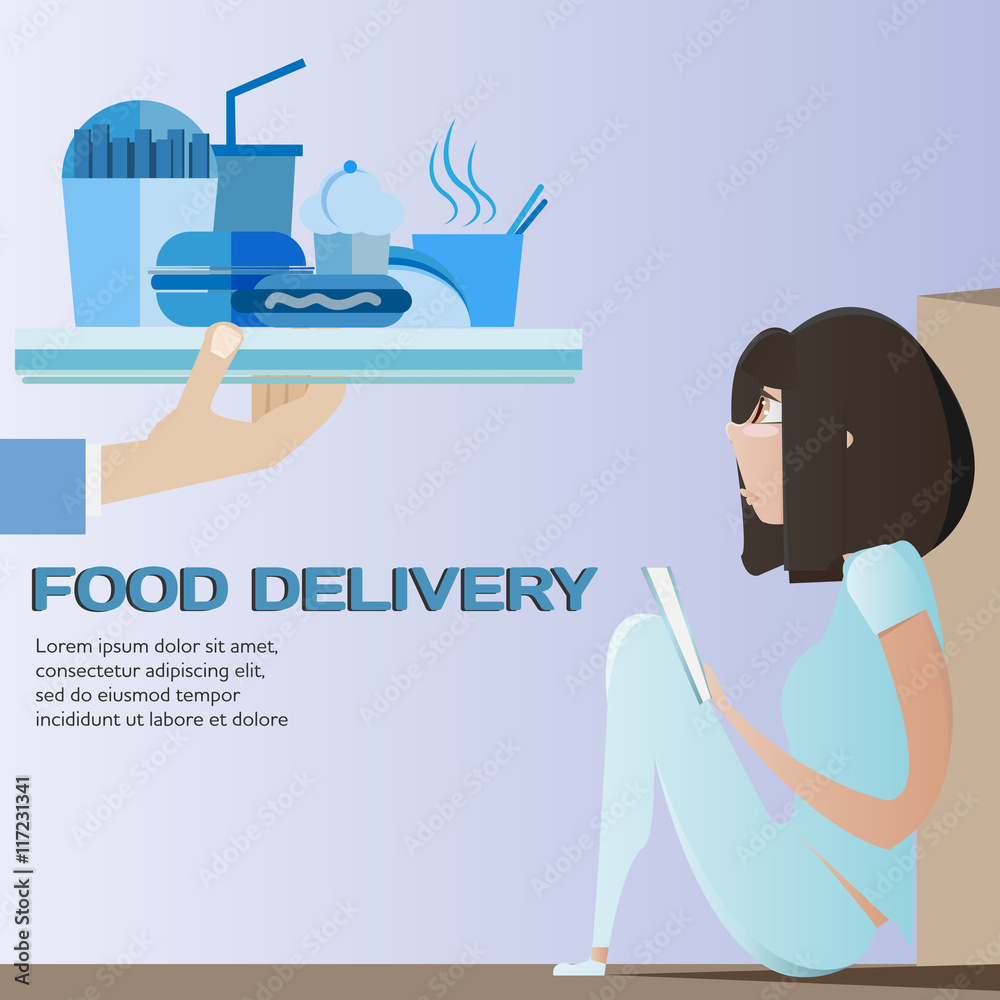 Cartoon young woman and hand with fast food set. Food delivery c Stock ...