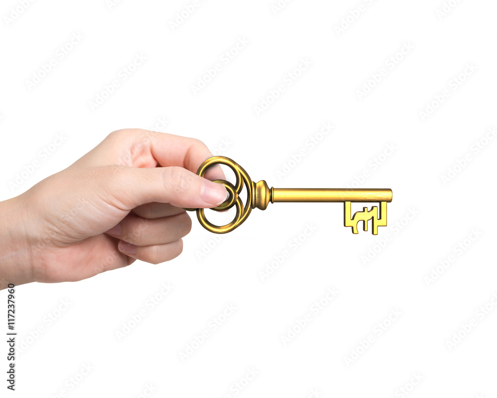 Hand holding golden treasure key in pound symbol shape Stock Photo ...