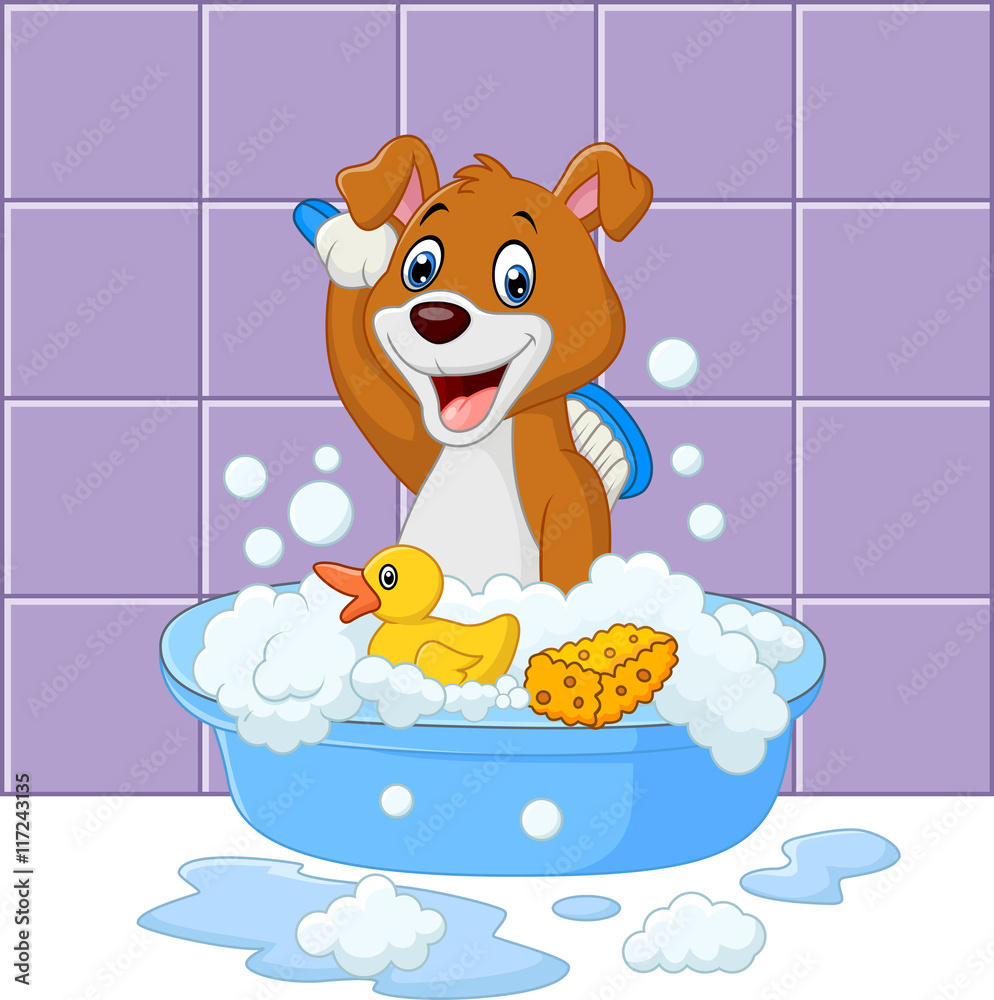Cute cartoon dog having bath Stock Vector | Adobe Stock
