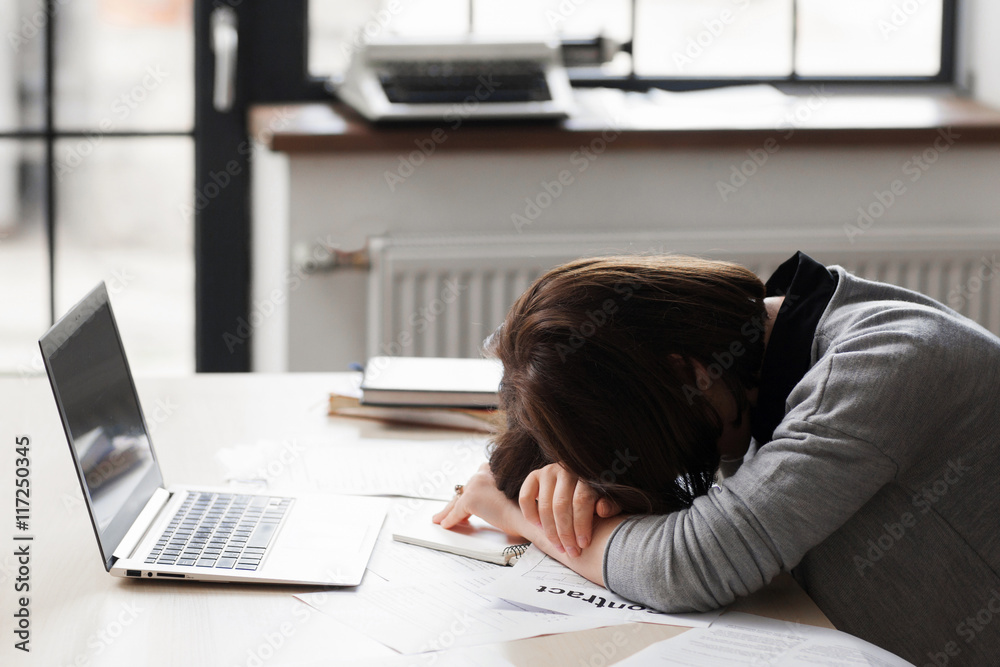 Sad fired crying female secretary. Dismissed office manager woman lying ...