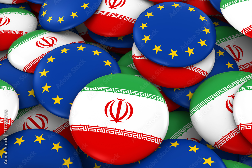 Iran and Europe Badges Background - Pile of Iranian and European Flag ...