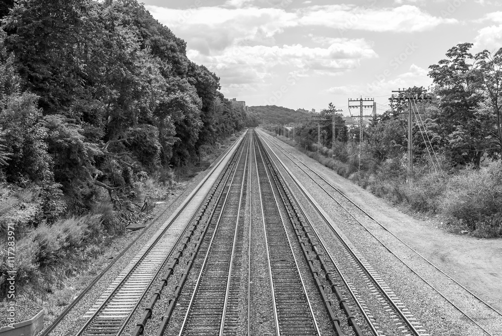Long train tracks. Industrial design. Industrial background. Vanishing ...