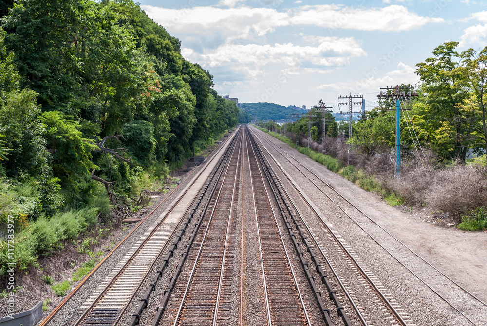 Long train tracks. Industrial design. Industrial background. Vanishing ...