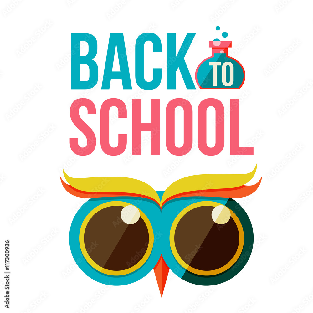 Back to school poster with owl head, flat style vector illustration ...