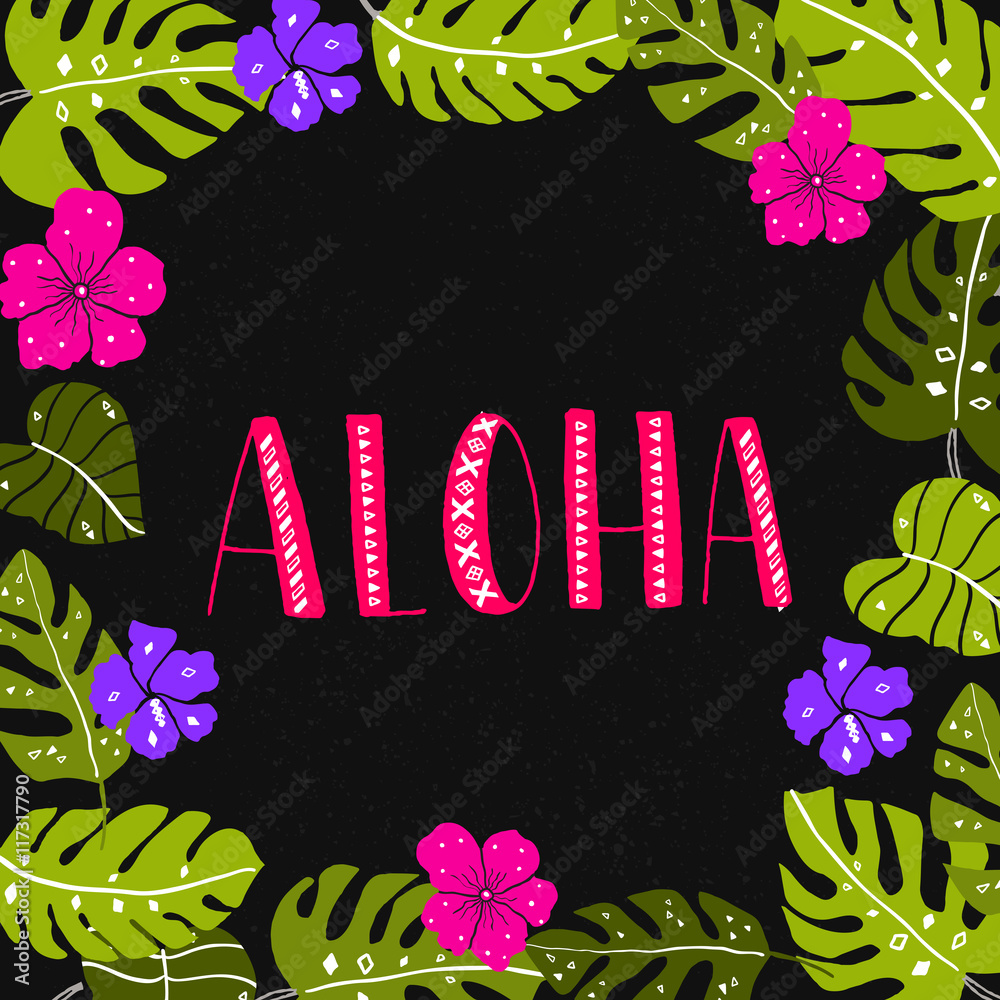 Poster Aloha word in tropical leaves and flowers frame – Wall Art ...