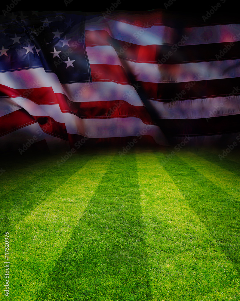 Football field with American flag background Stock Photo | Adobe Stock