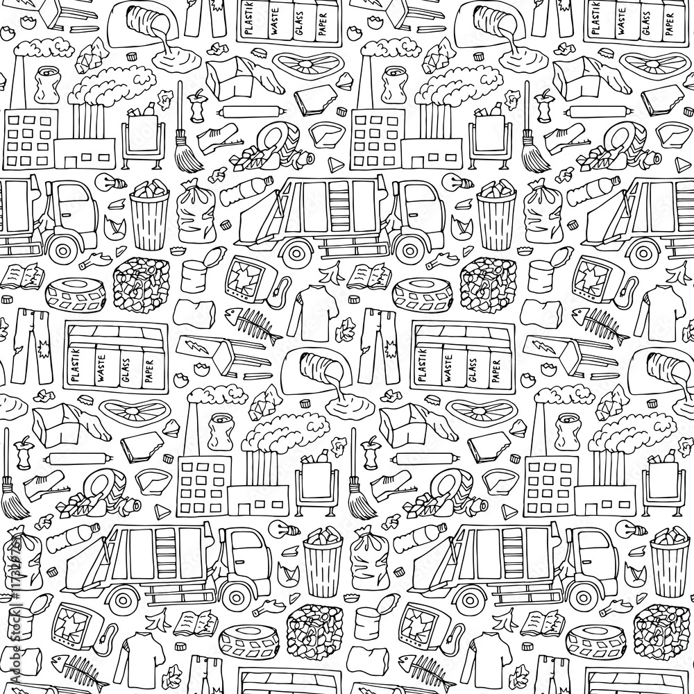 Garbage doodle seamless pattern Stock Vector | Adobe Stock