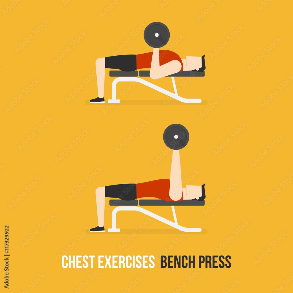 Chest Exercises. Bench Press. Flat Design Bodybuilder Character Lifting ...