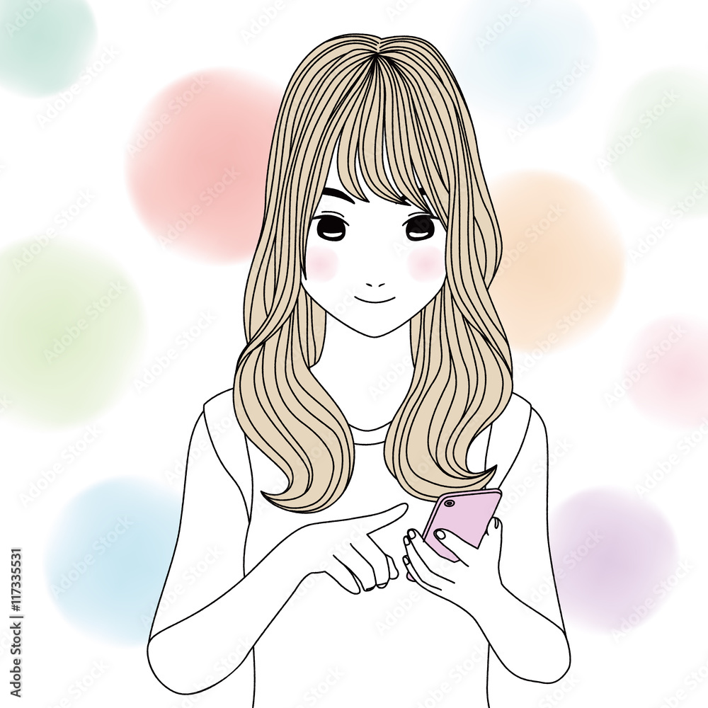 pretty girl using smart phone line drawing illustration Stock Vector ...