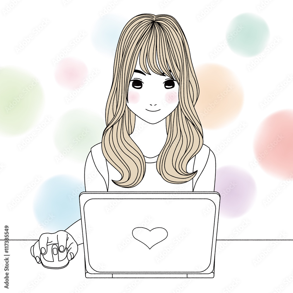 pretty girl using laptop PC line drawing illustration Stock Vector ...