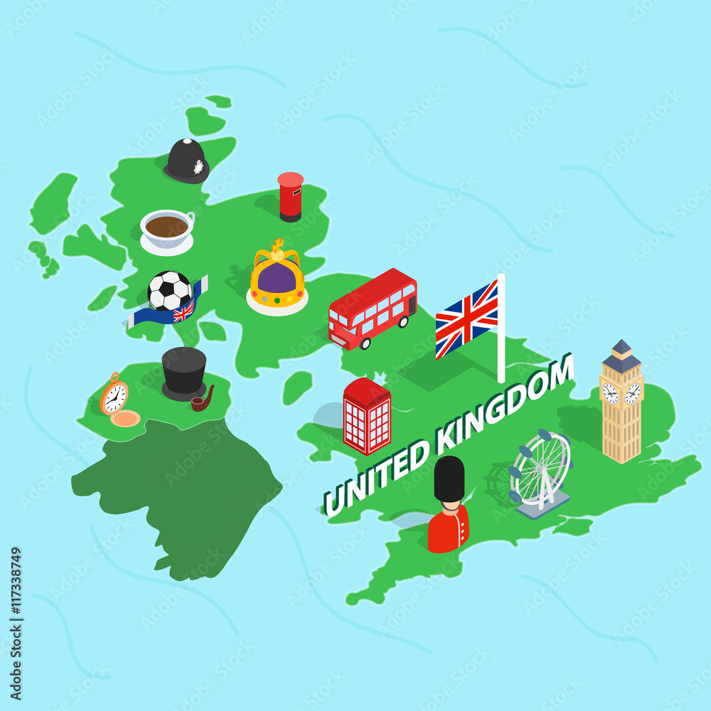United Kingdom map in isometric 3d style. Symbols of the UK set ...