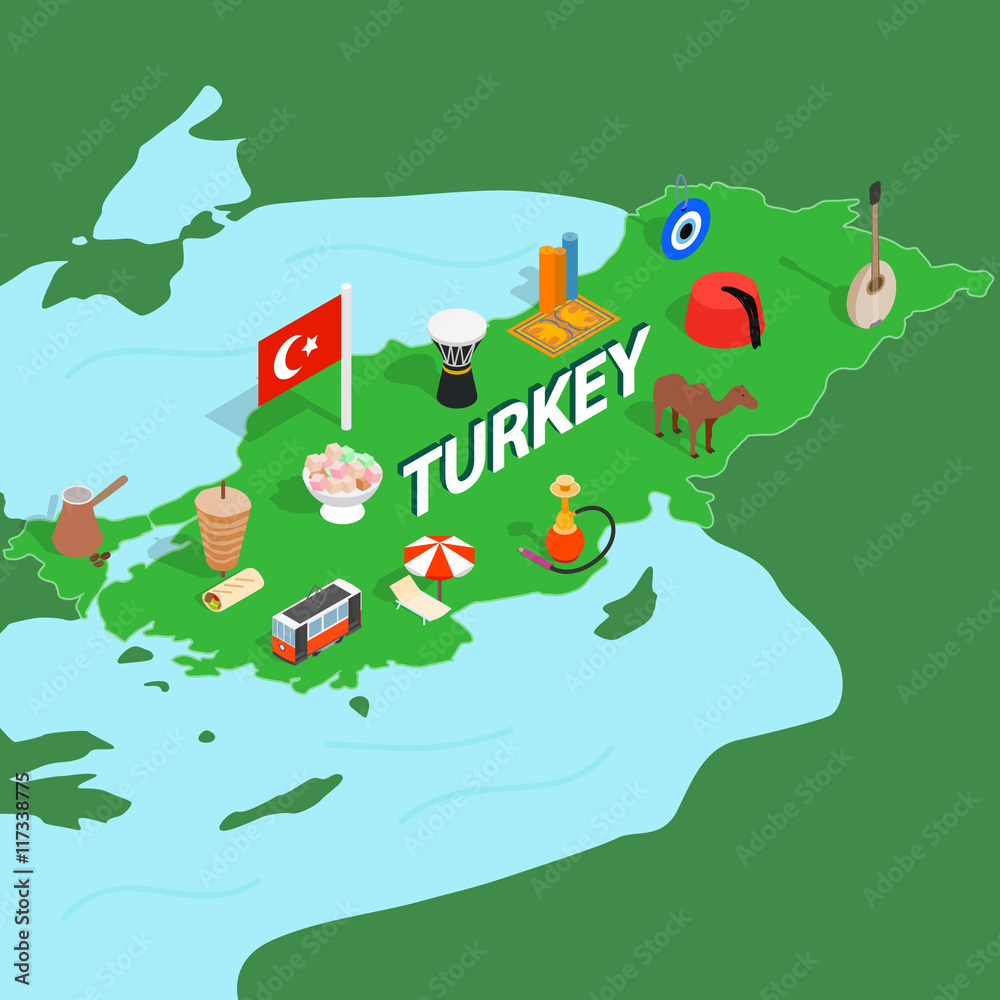 Turkey map in isometric 3d style. Symbols of Turkey set collection ...