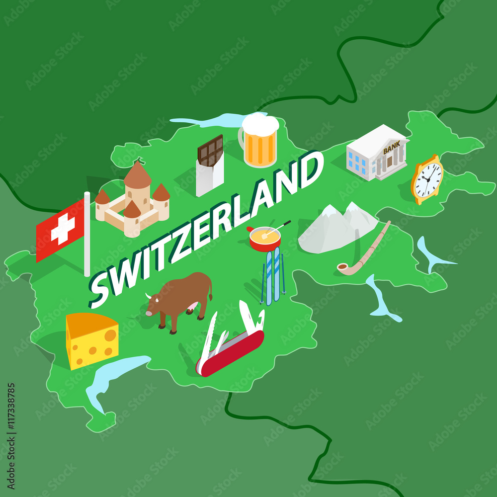 Switzerland map in isometric 3d style. Symbols of Switzerland set ...