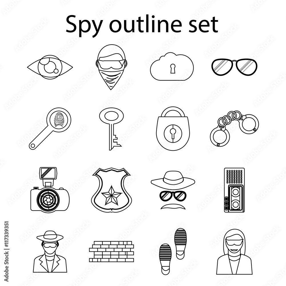 Vettoriale Stock Spy icons set in outline style. Detective and security ...